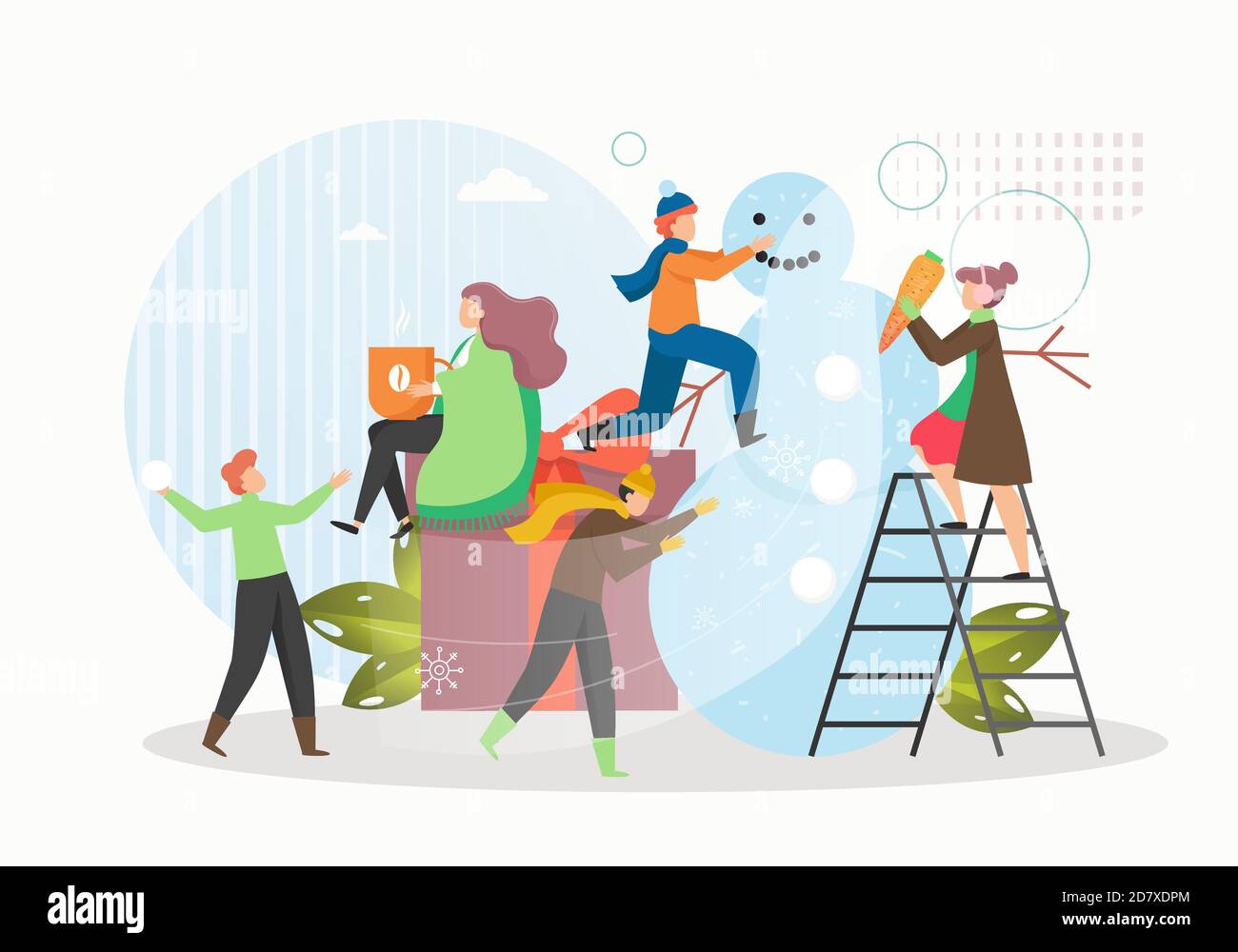 Happy people making snowman, playing snowballs and having fun, flat ...