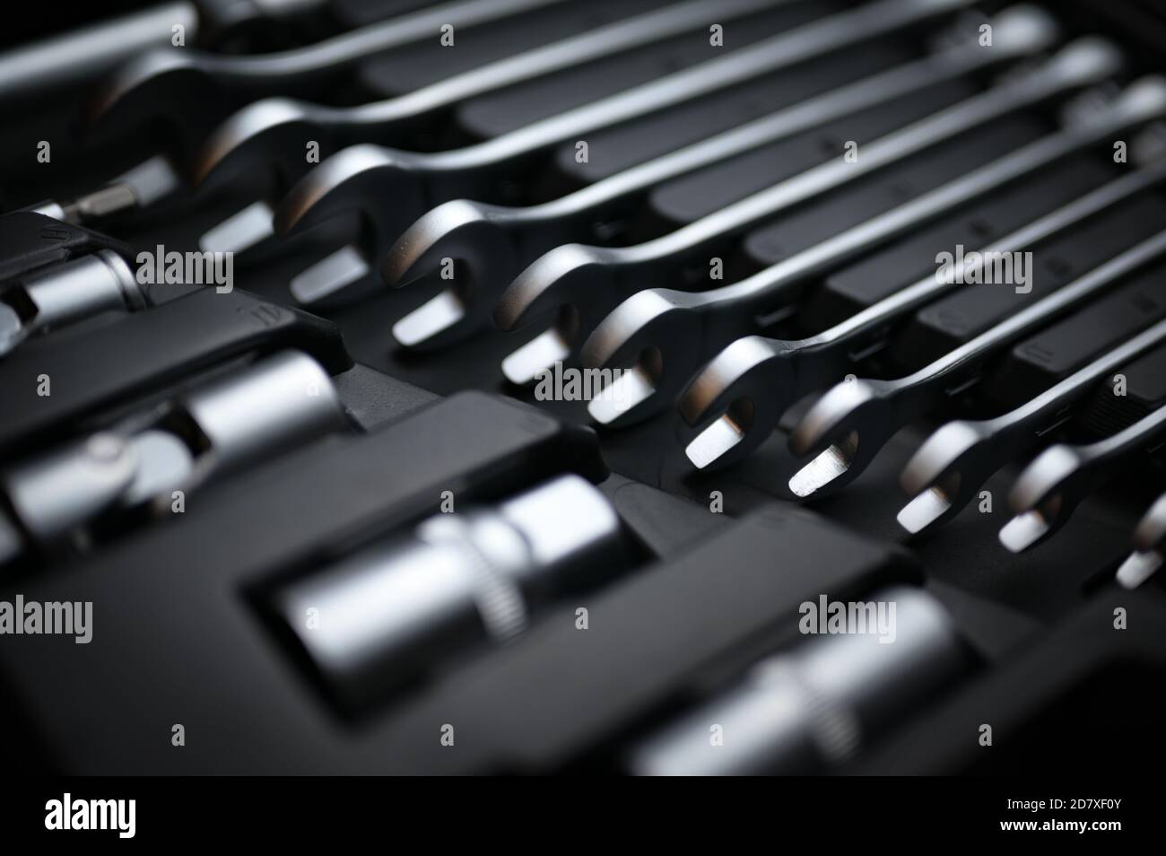 auto car chrome silver toolbox kit with socket wrench tool on dark ...