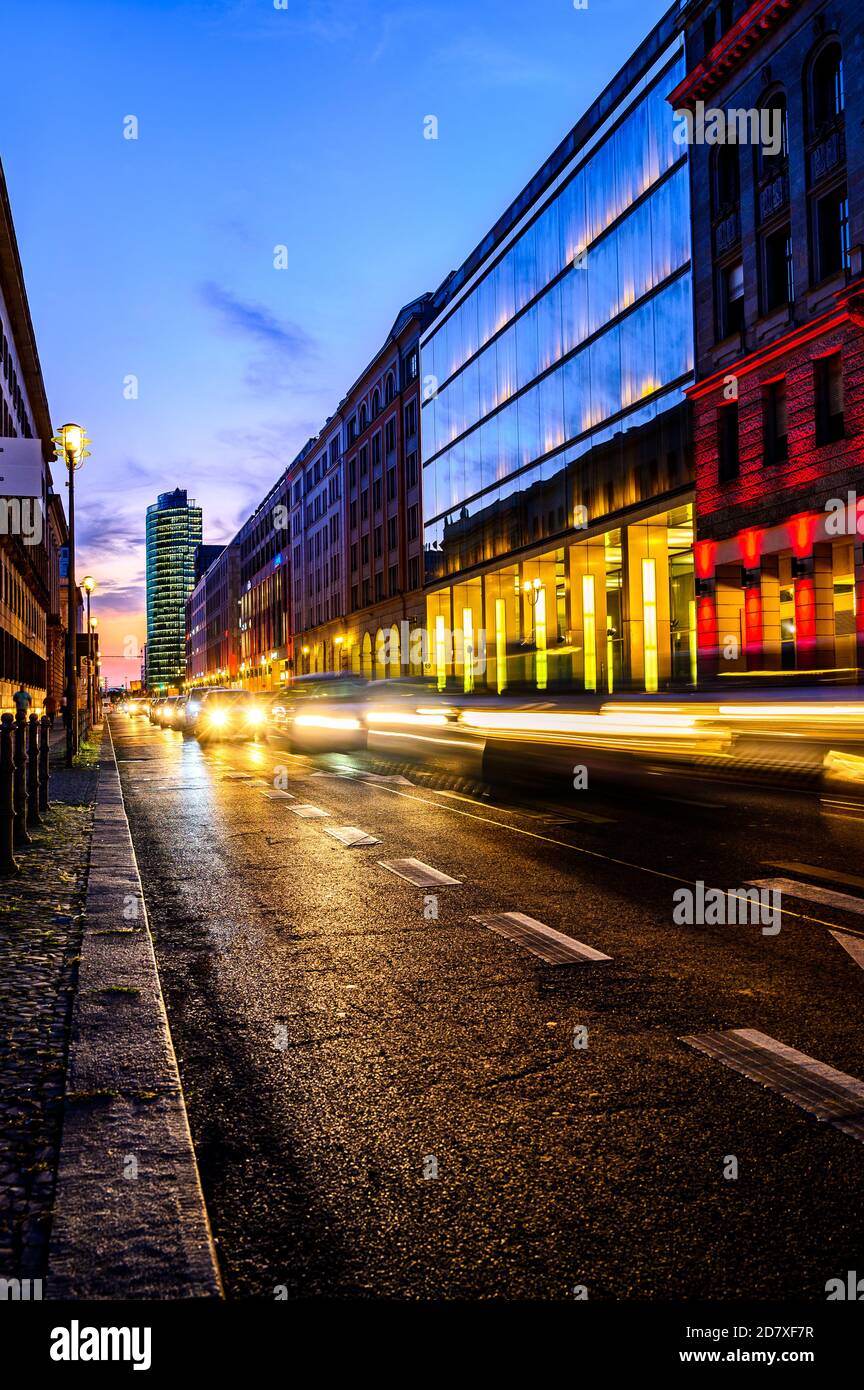Long exposure cityscape of street in central district in Berlin ...