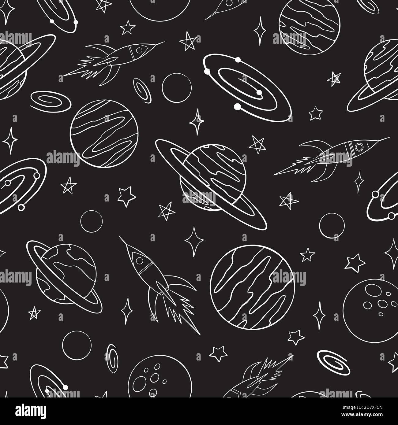 Spaceships and planets doodle seamless pattern. Hand drawn background ...