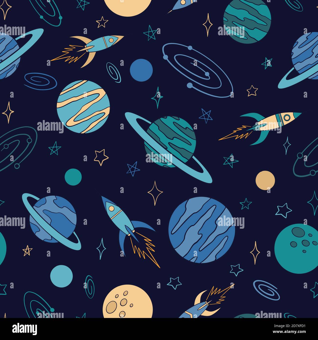 Spaceships and planets doodle seamless pattern. Hand drawn background ...