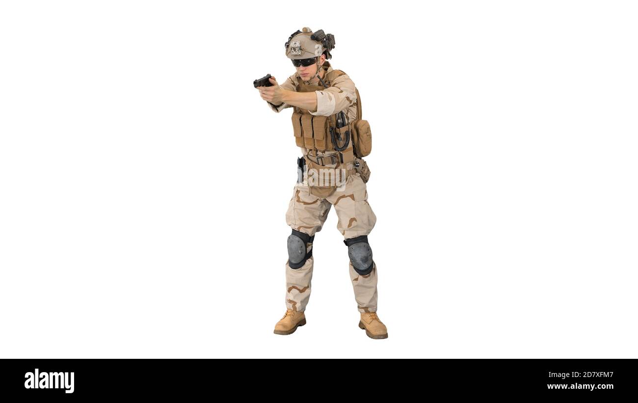 Army man pointing gun in multiple directions ready for combat on Stock ...