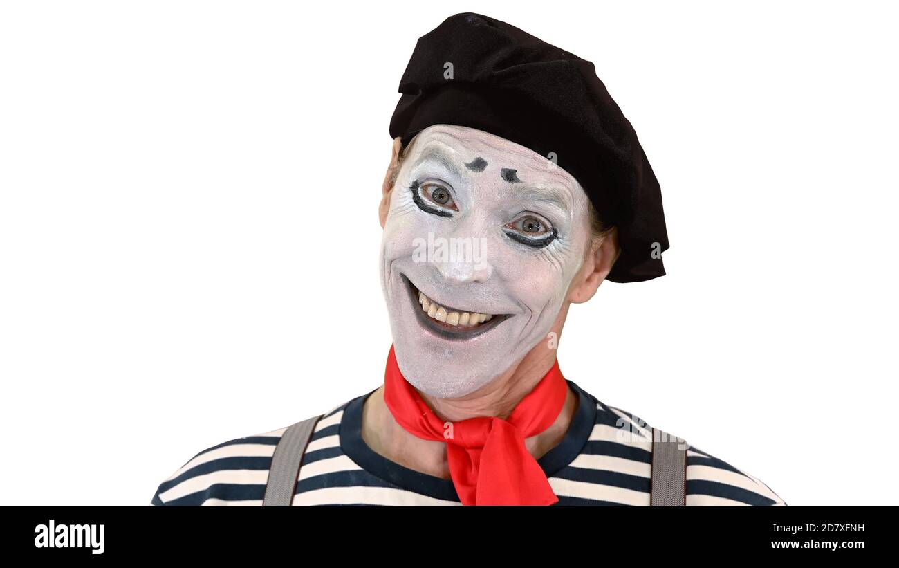 Mime doing different emotions from smiling to being sad on white Stock ...