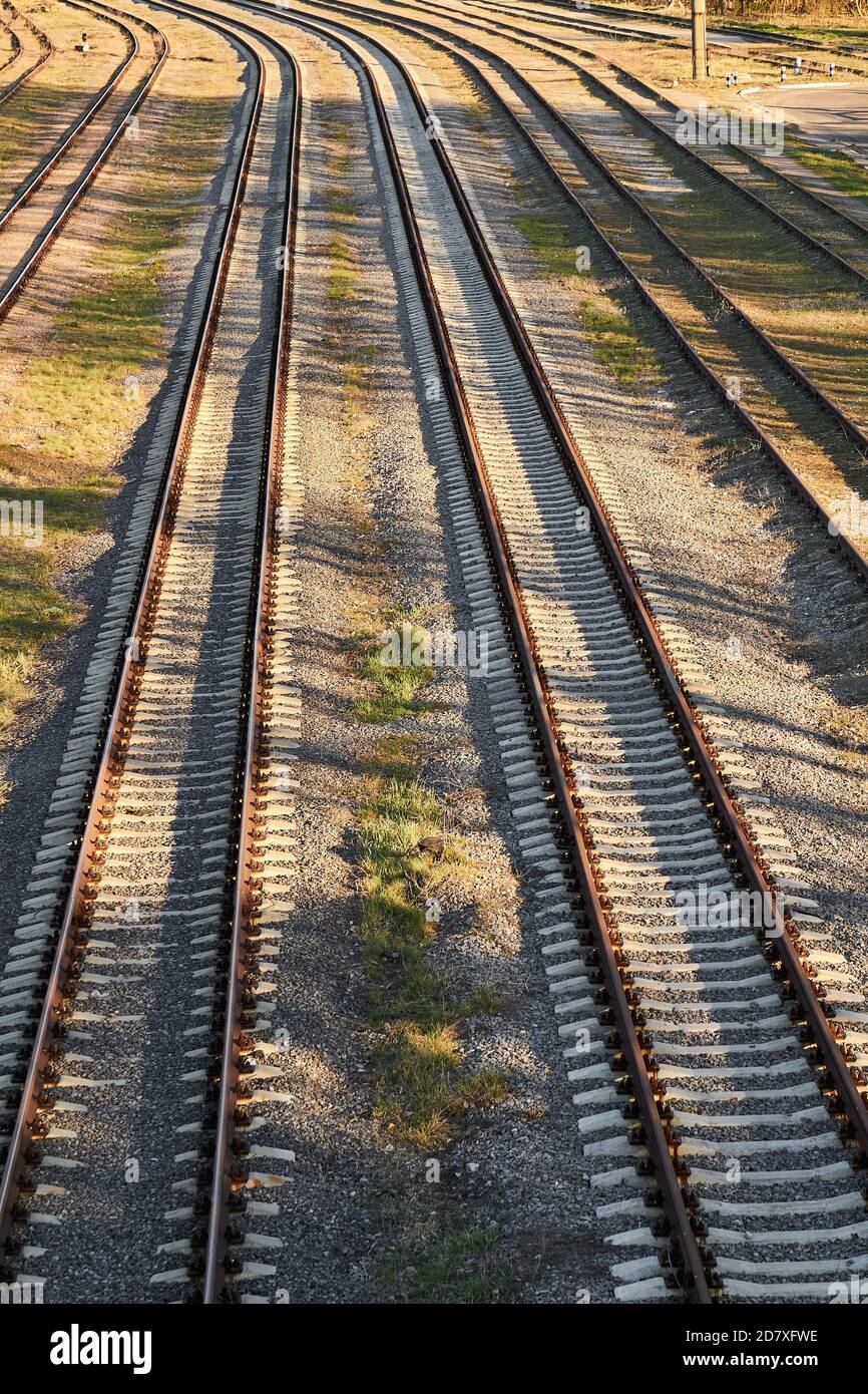 Rusty railroad tracks on gravel. Top view Stock Photo - Alamy