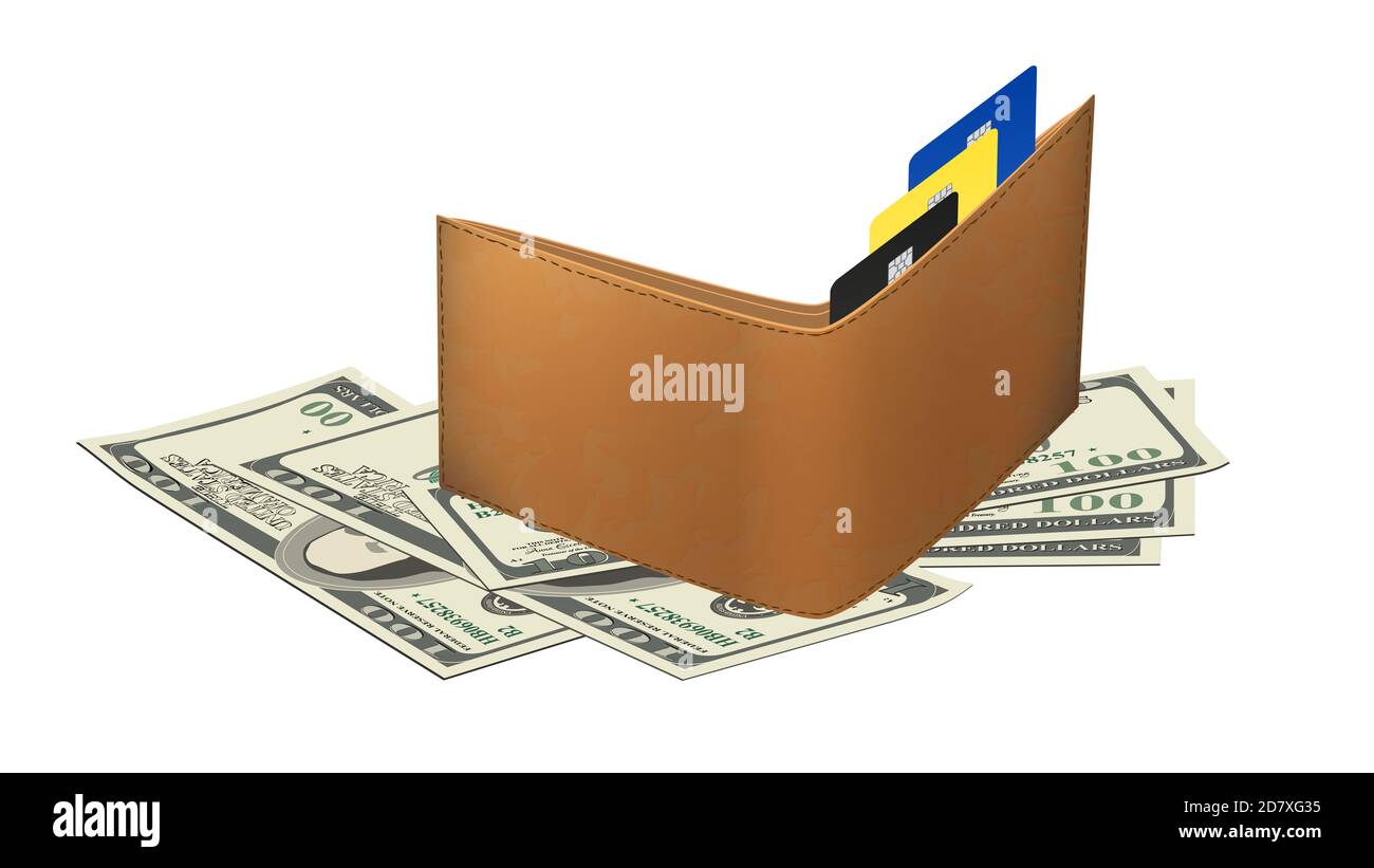 Scattered paper 100 us dollars banknotes and leather wallet with bank ...