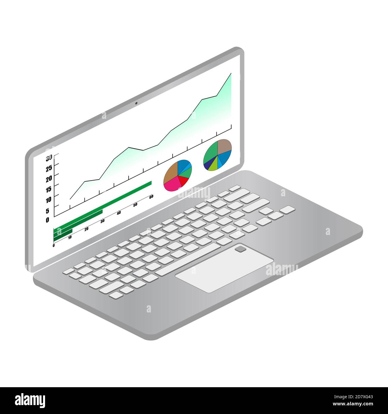 Isometric laptop with graphs and charts on the screen isolated on white ...