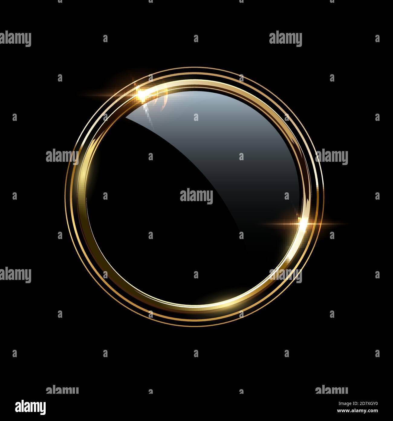 Golden round metal rings around glass circle. Shining abstract triple ...