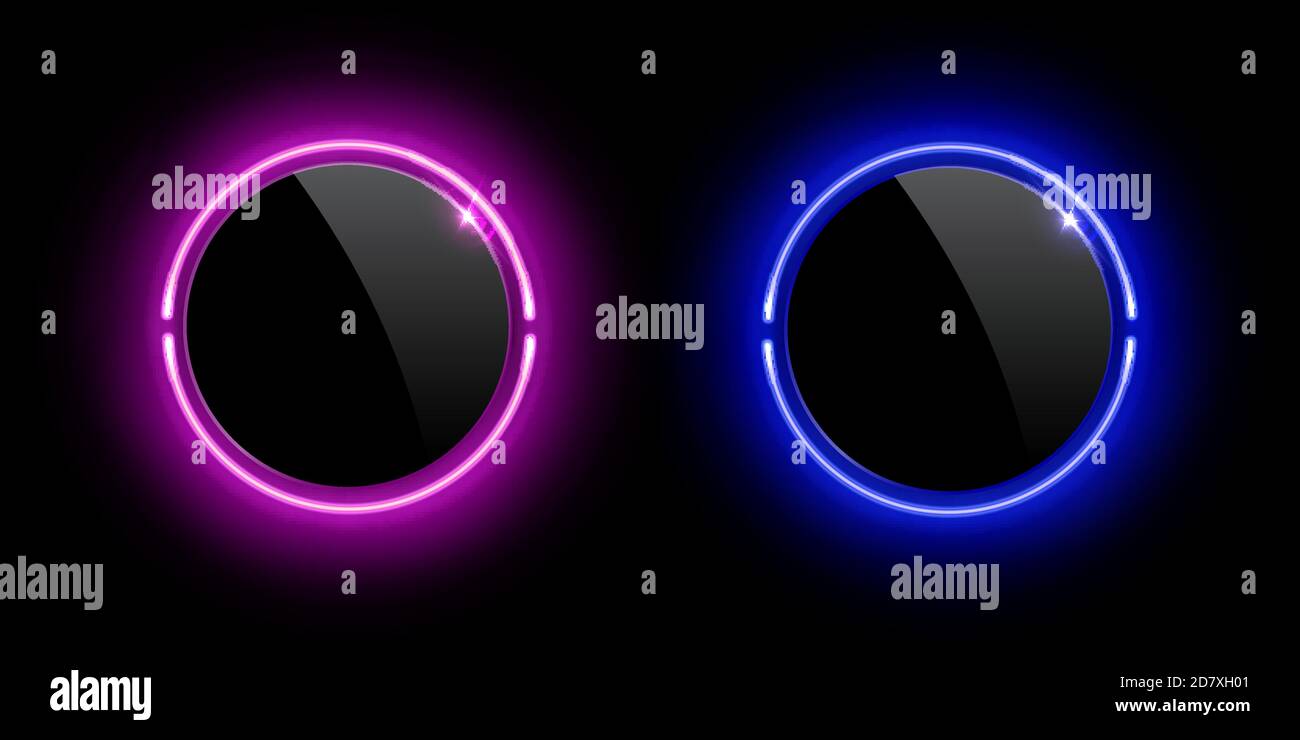 Realistic glossy plastic buttons with pink and blue neon round frames ...