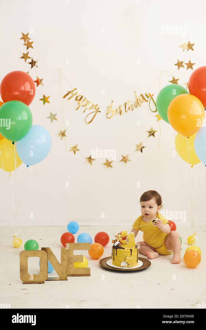 happy infant baby boy celebrating his first birthday Stock Photo - Alamy