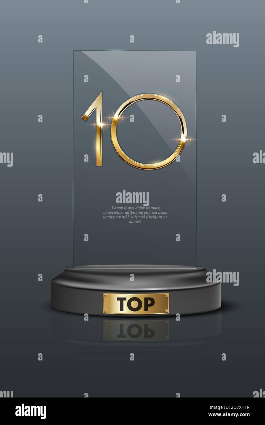 Top 10 rectangular award trophy. Glass prize with gold number 10 ...
