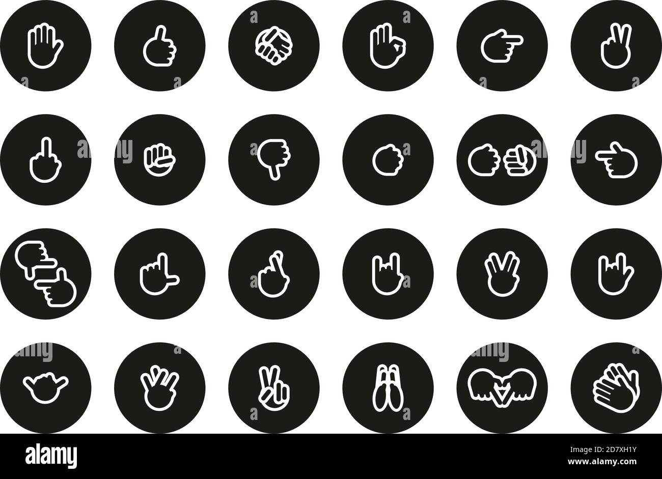 Hand Signs & Hand Gestures Icons White On Black Flat Design Circle Set ...