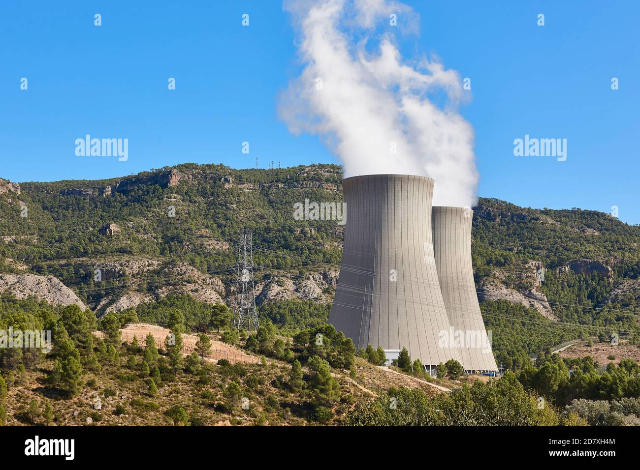Nuclear power plant chimneys with steam. Sustainable energy Stock Photo ...