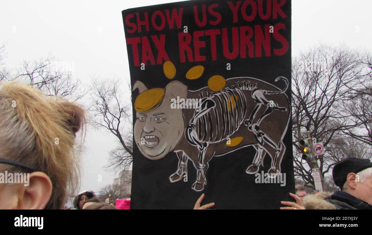 Women's March protest sign SHOW US YOUR TAX RETURNS Stock Photo - Alamy