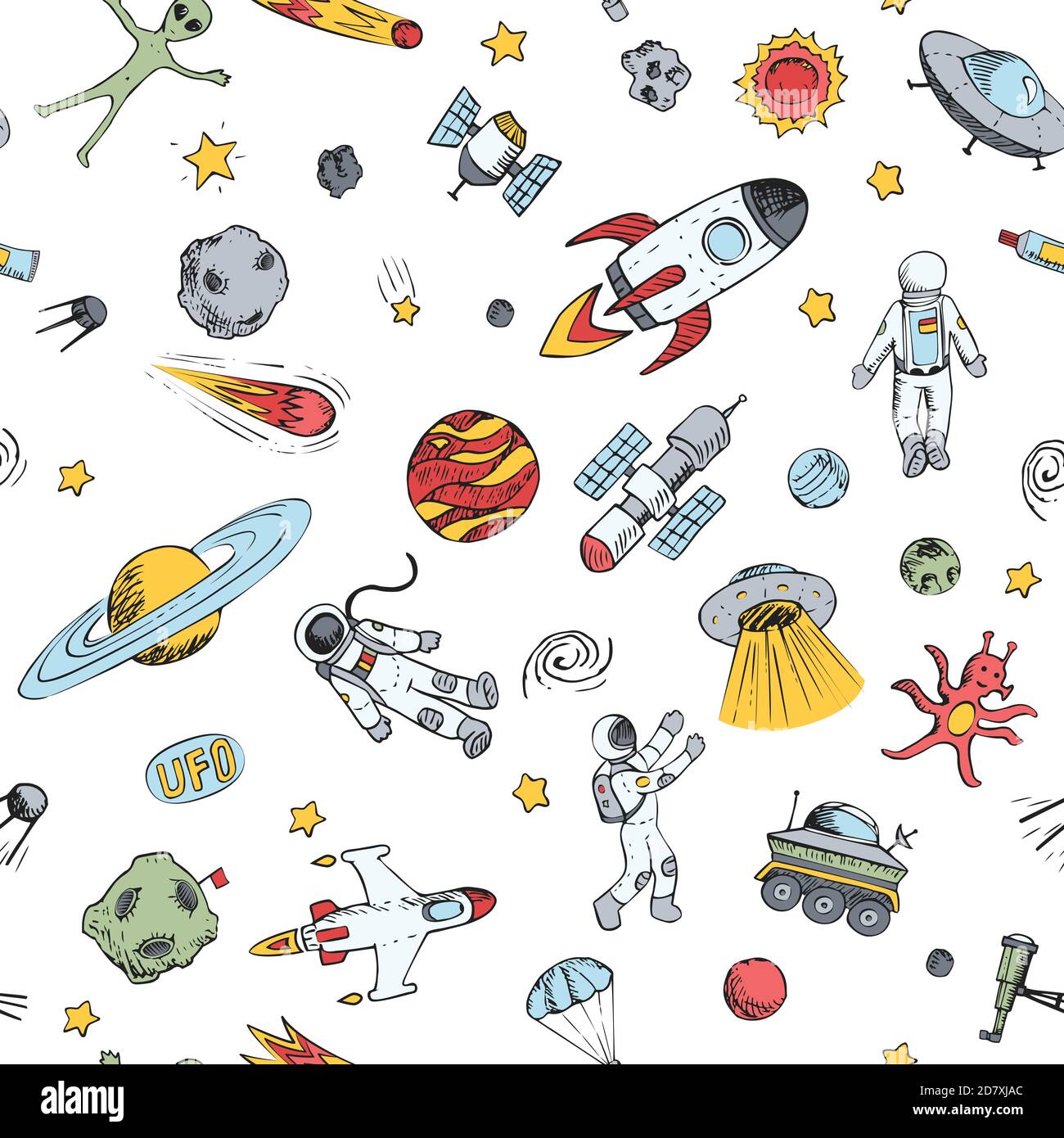 Vector colorful doodle space seamless pattern with space objects. Space ...