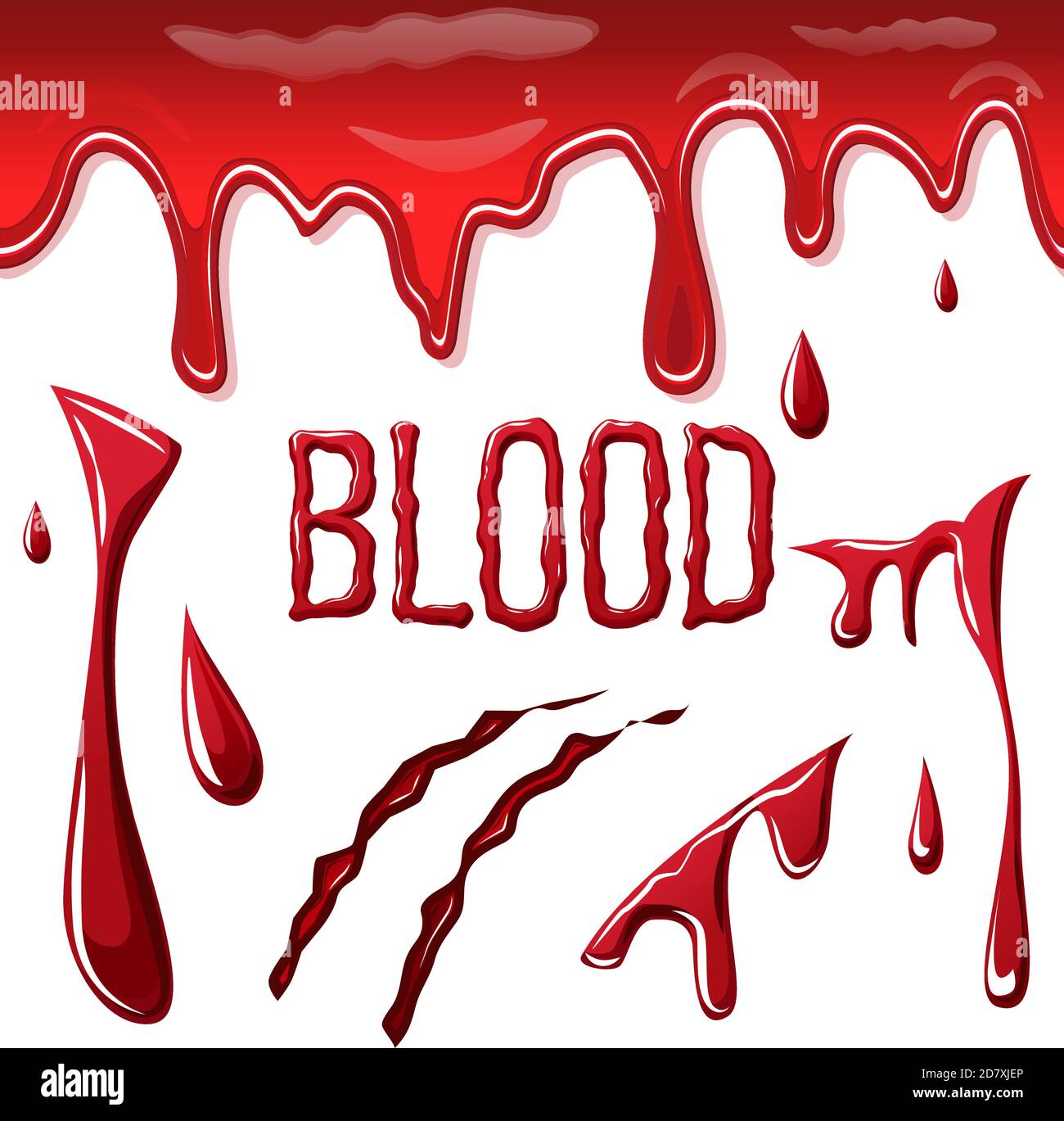 Blood splatters on white background. Set of dripping blood drops and ...