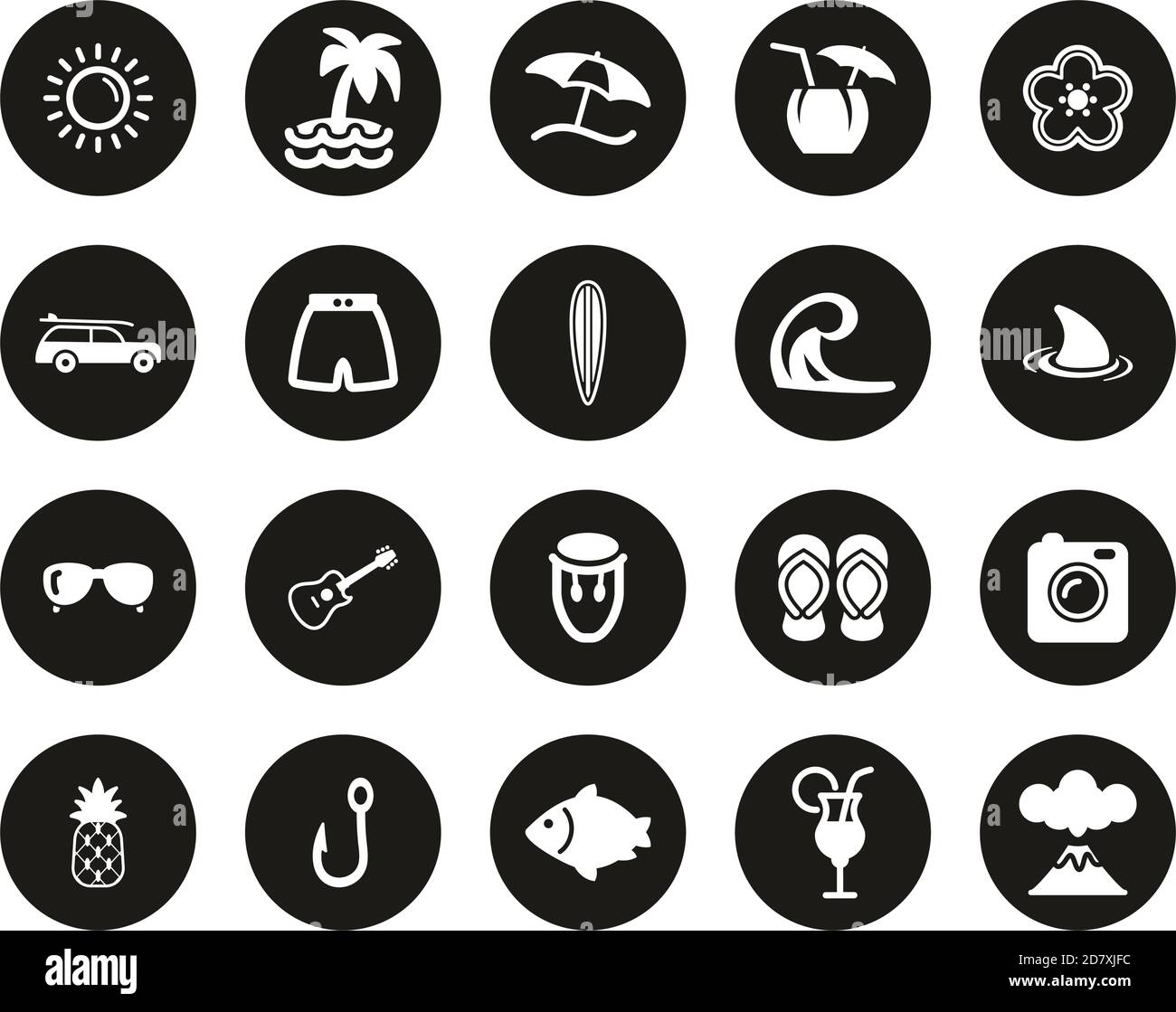 Hawaii Culture & Lifestyle Icons White On Black Flat Design Circle Set ...