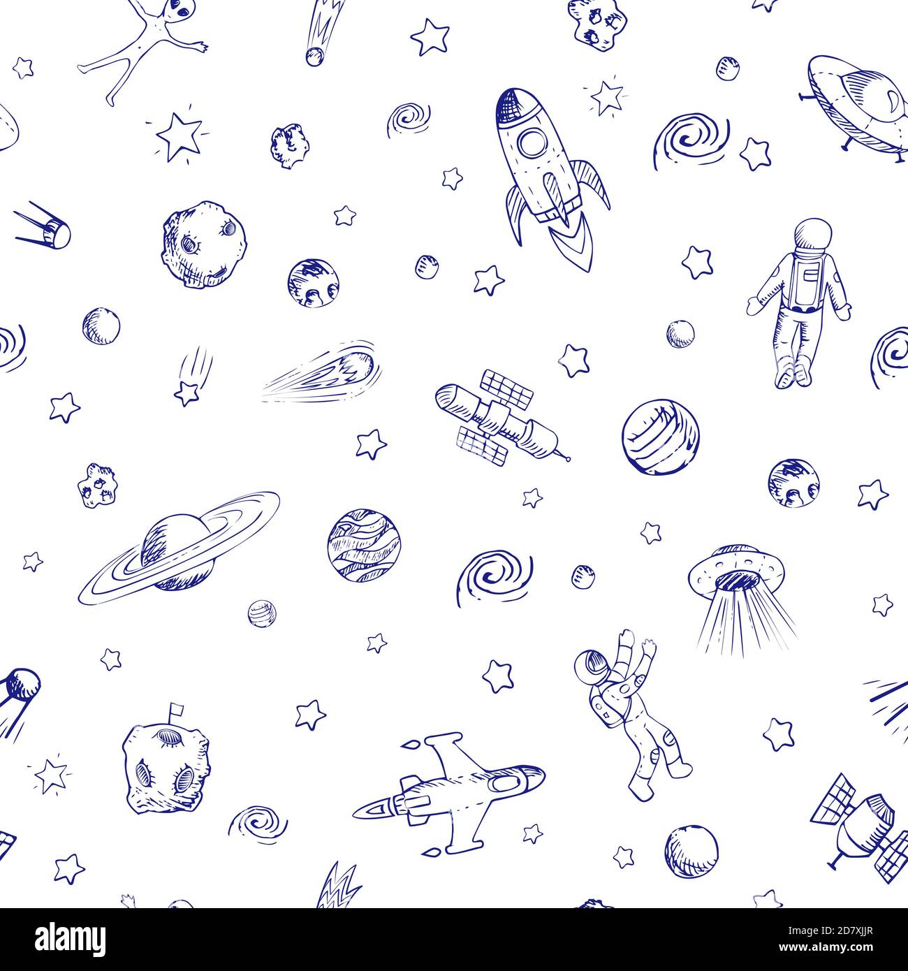 Vector doodle space seamless pattern with space objects. Space ships ...