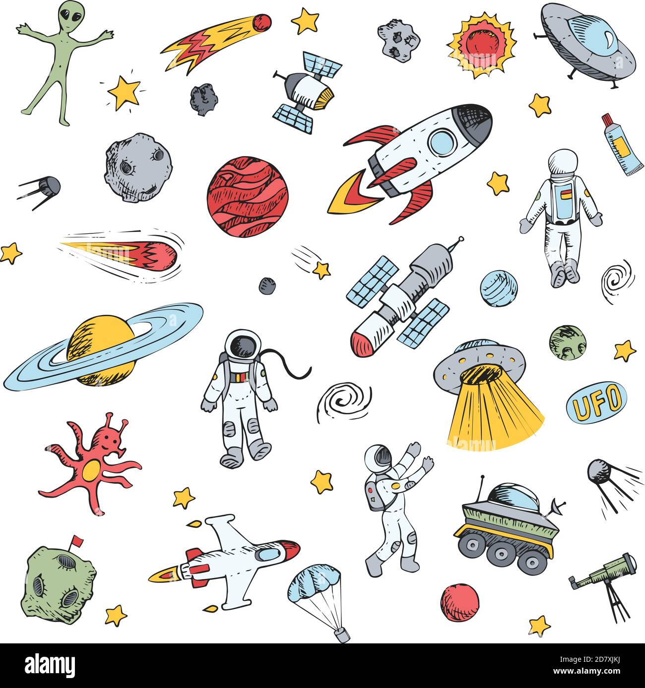 Colorful vector hand drawn doodles cartoon set space objects. Space ...