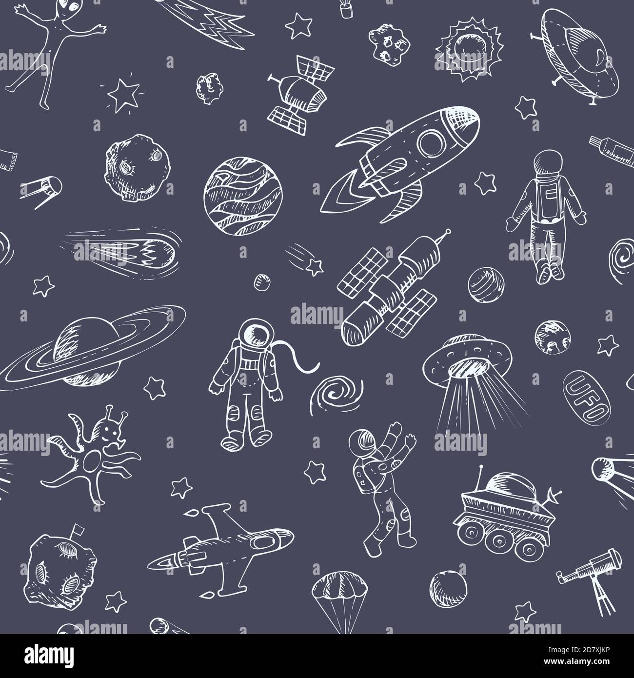 Chalk seamless pattern with space objects. Space ships, rockets ...