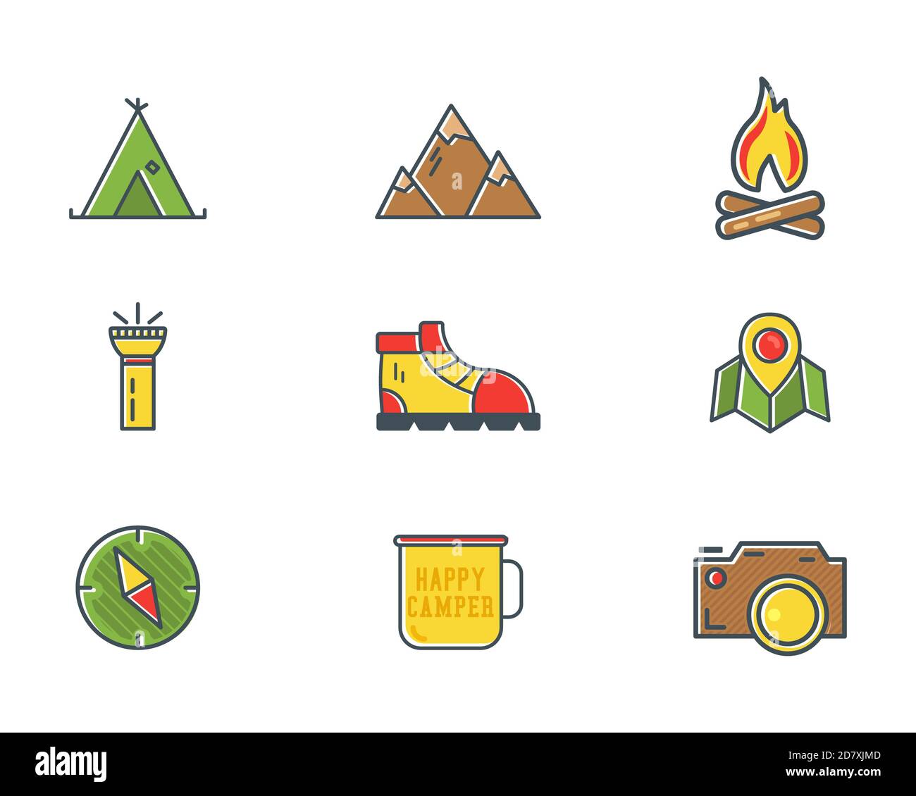 Summer and winter mountain explorer camp icons in flat style. Travel ...