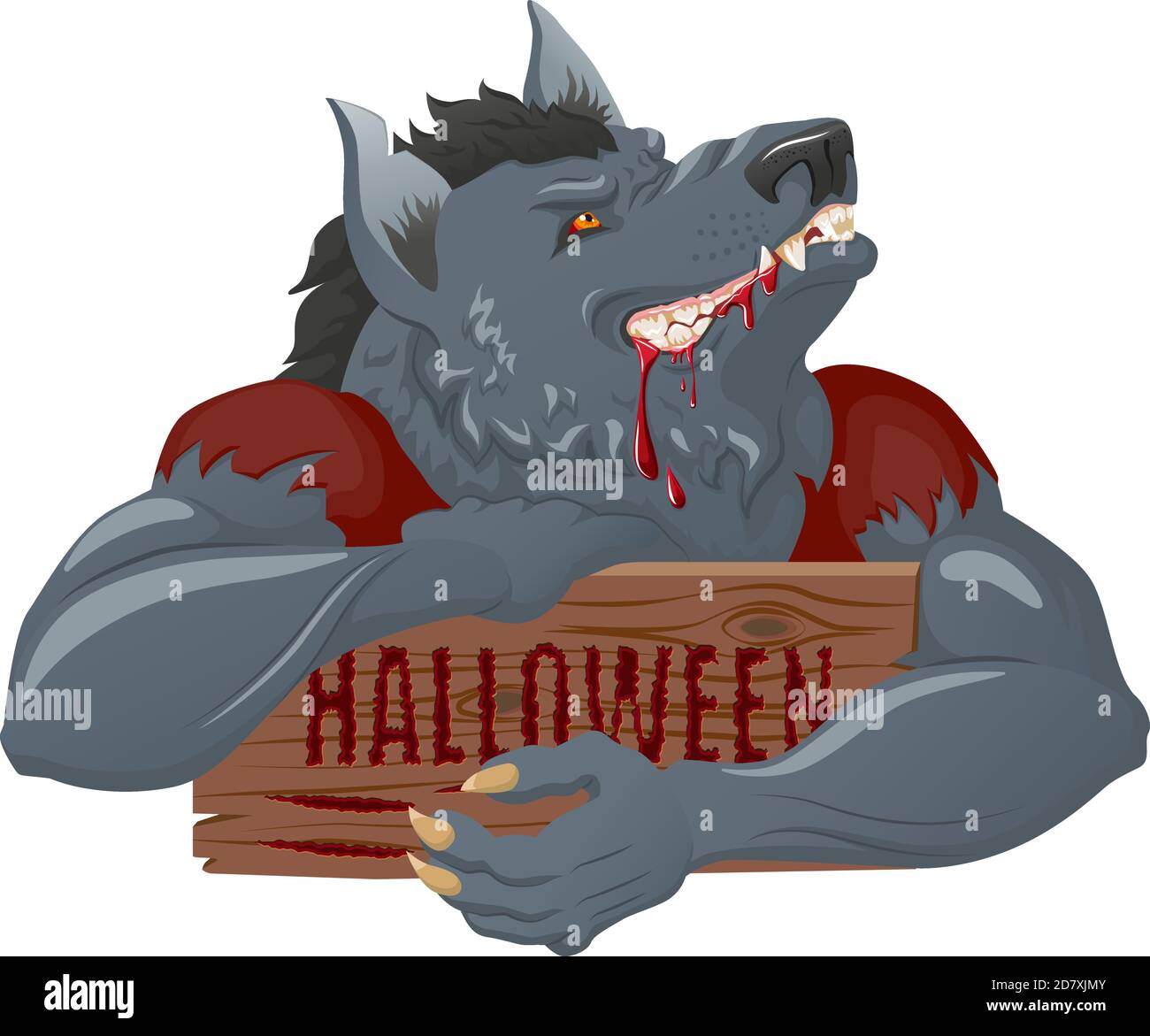 Werewolf character with wooden plank banner holding a sign - Halloween ...