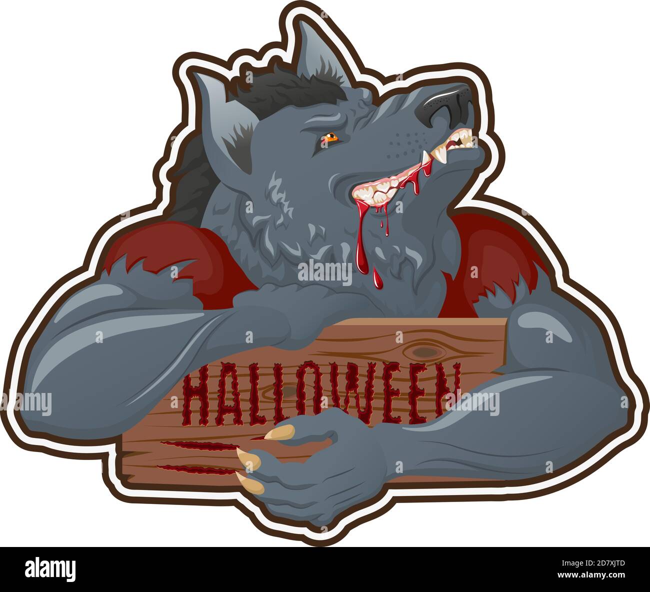 Werewolf character with wooden plank banner holding a sign - Halloween ...