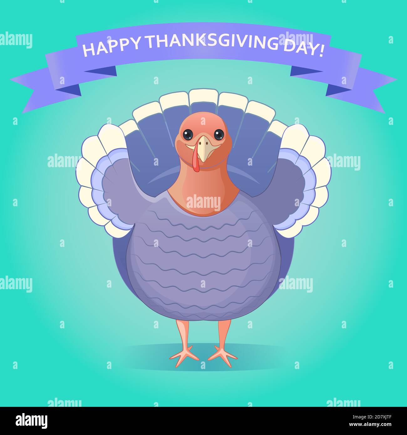 Happy Thanksgiving Day postcard. Turkey and blue ribbon. Autumn ...