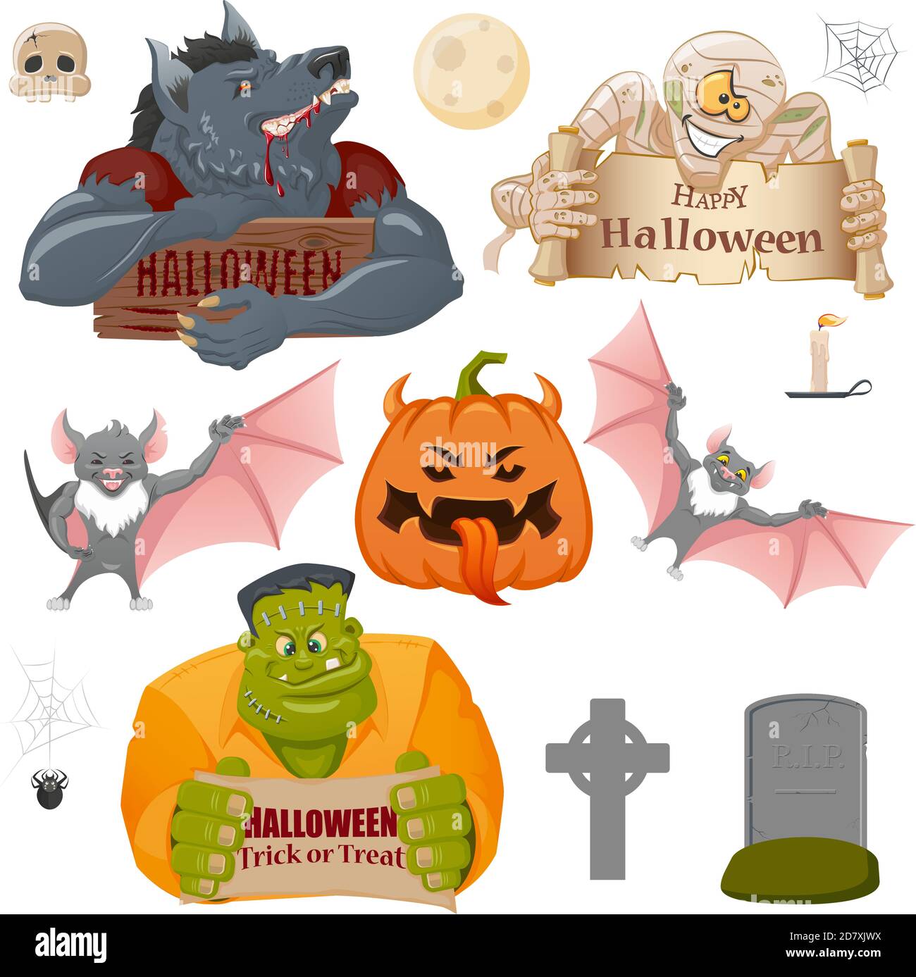 Set of Halloween related objects and creatures: pumpkin, Werewolf ...