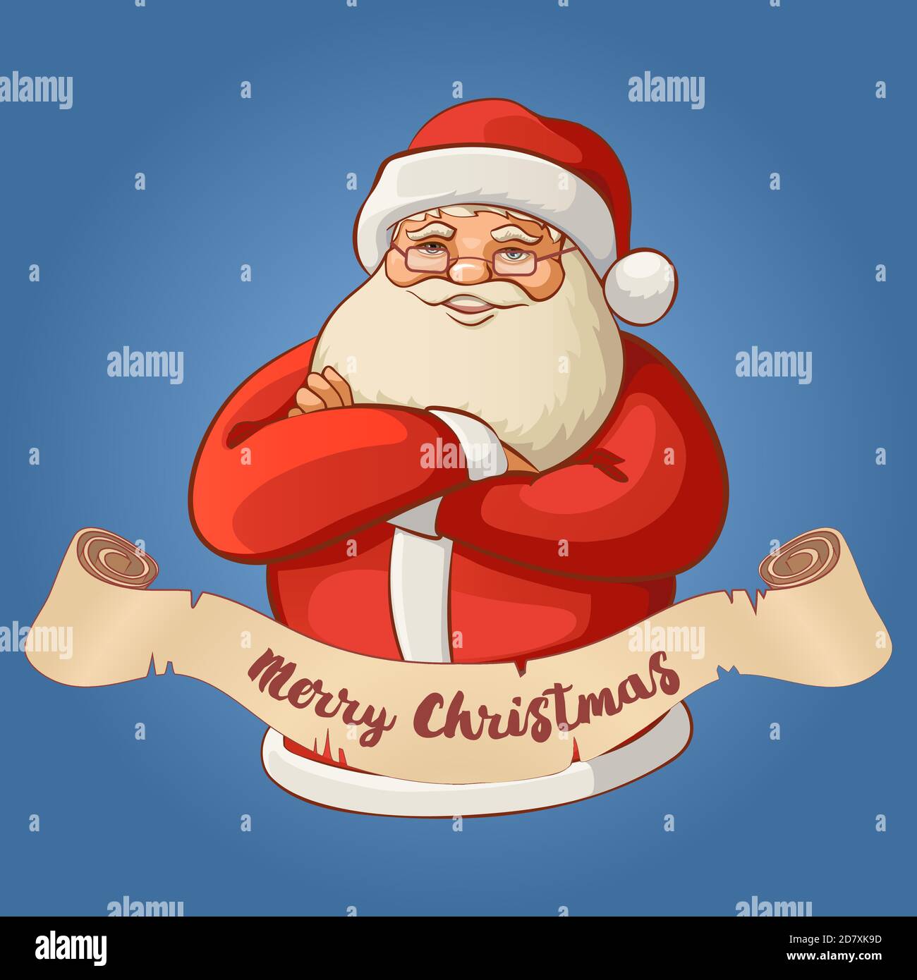 Smiling Santa Claus. Ribbon with wishes a Merry Christmas. Blue ...