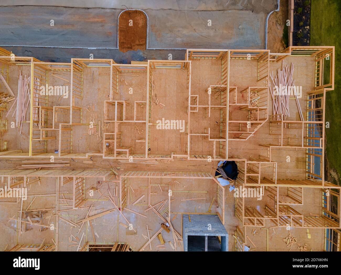 New wooden residential building development wood frame installation ...