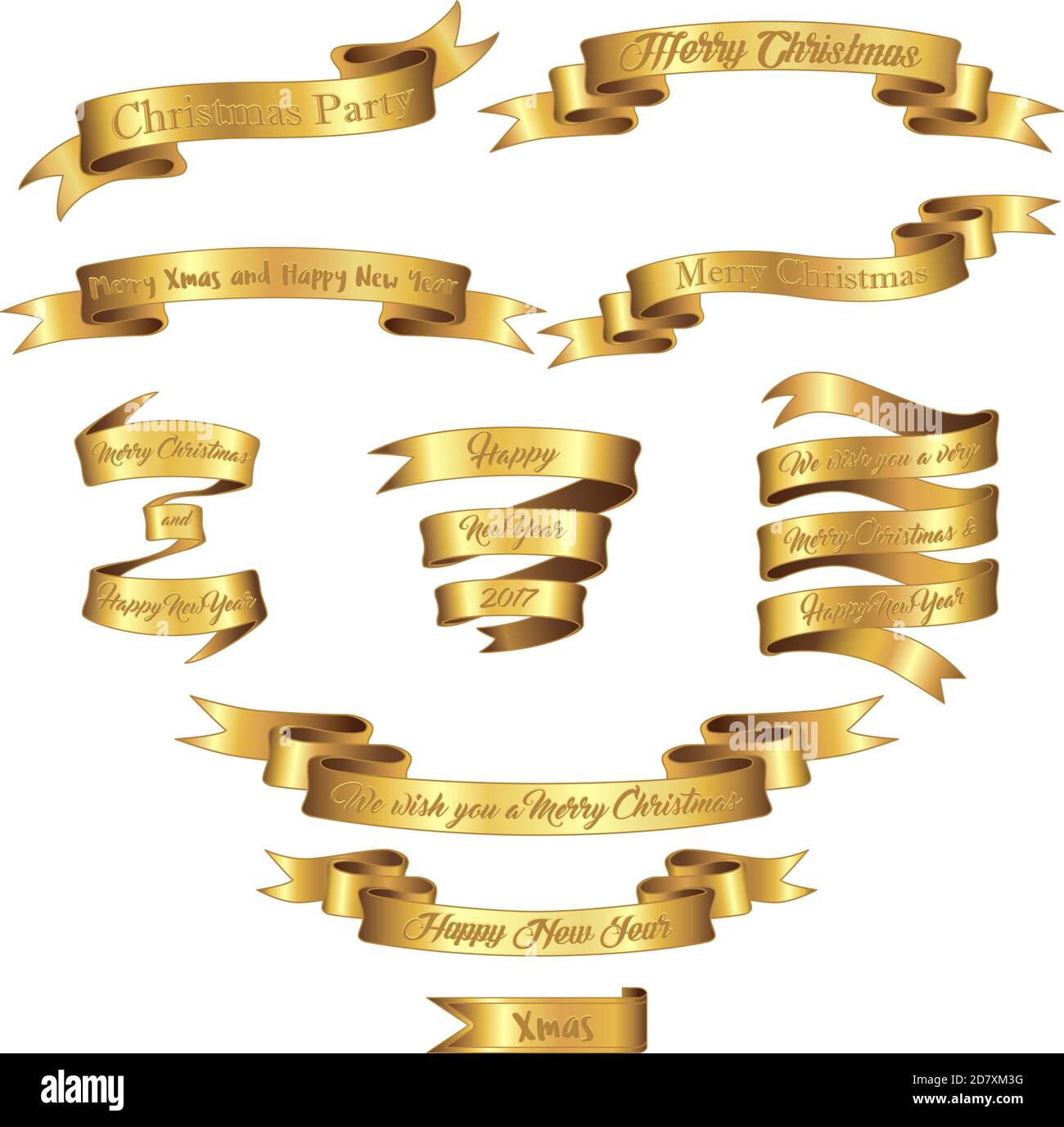 Set of gold, realistic, ribbon with wishes Merry Christmas and Happy ...