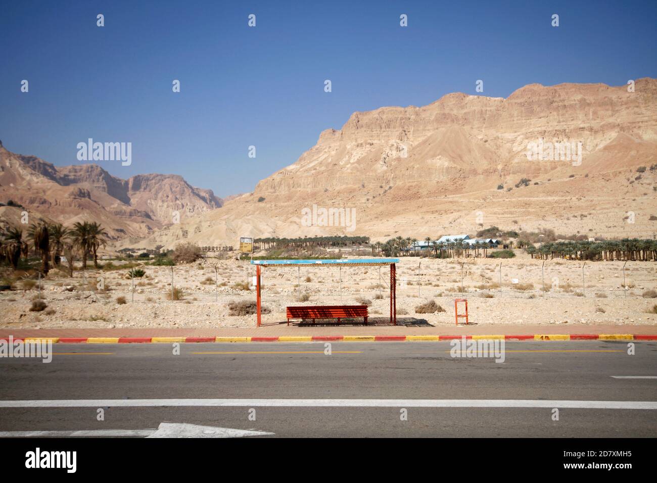 Abandoned bus stop in the desert by the dead sea on the road to En Gedi ...