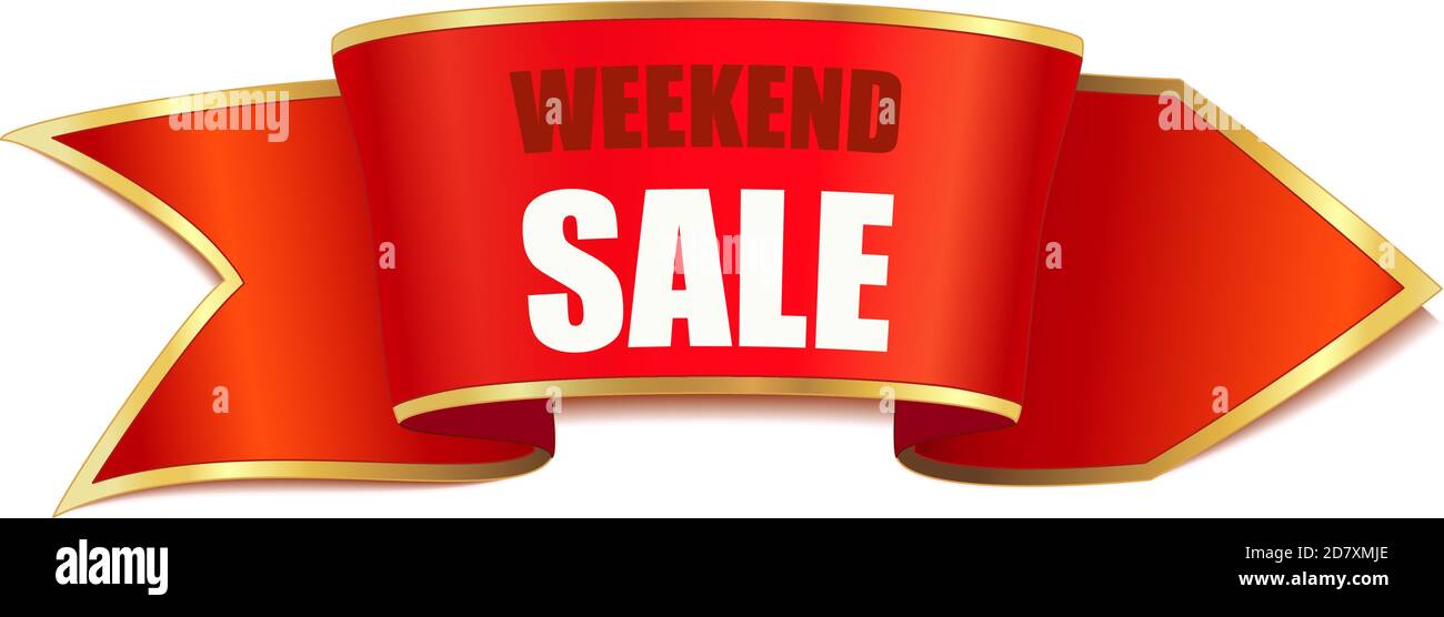Realistic red ribbon with sign - Weekend sale. Sale banner. Arrow ...