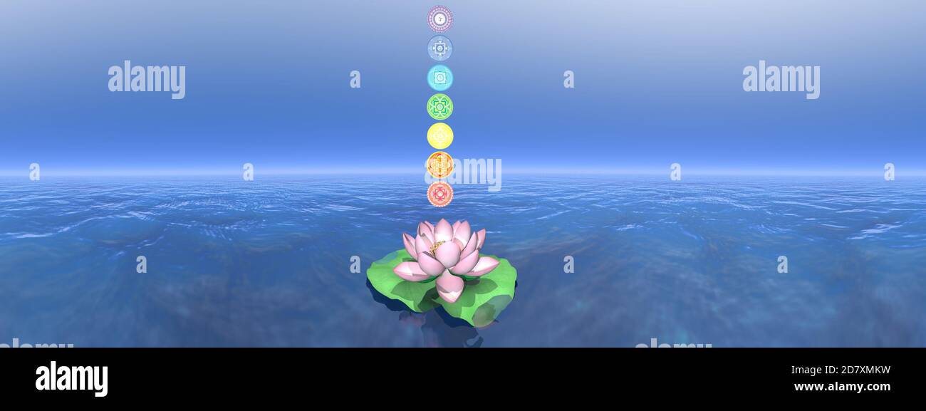 Seven chakra symbols column upon lotus flower - 3D render Stock Photo ...