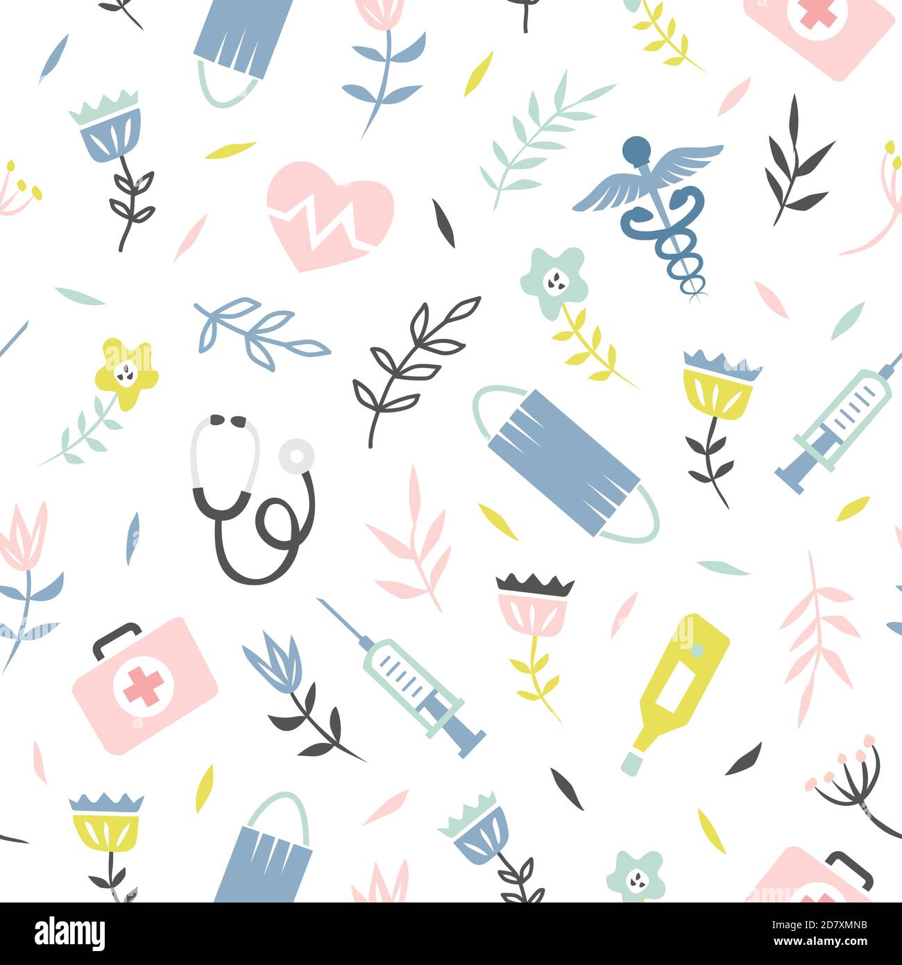 Medical seamless pattern with flower and leaves . Creative texture for ...