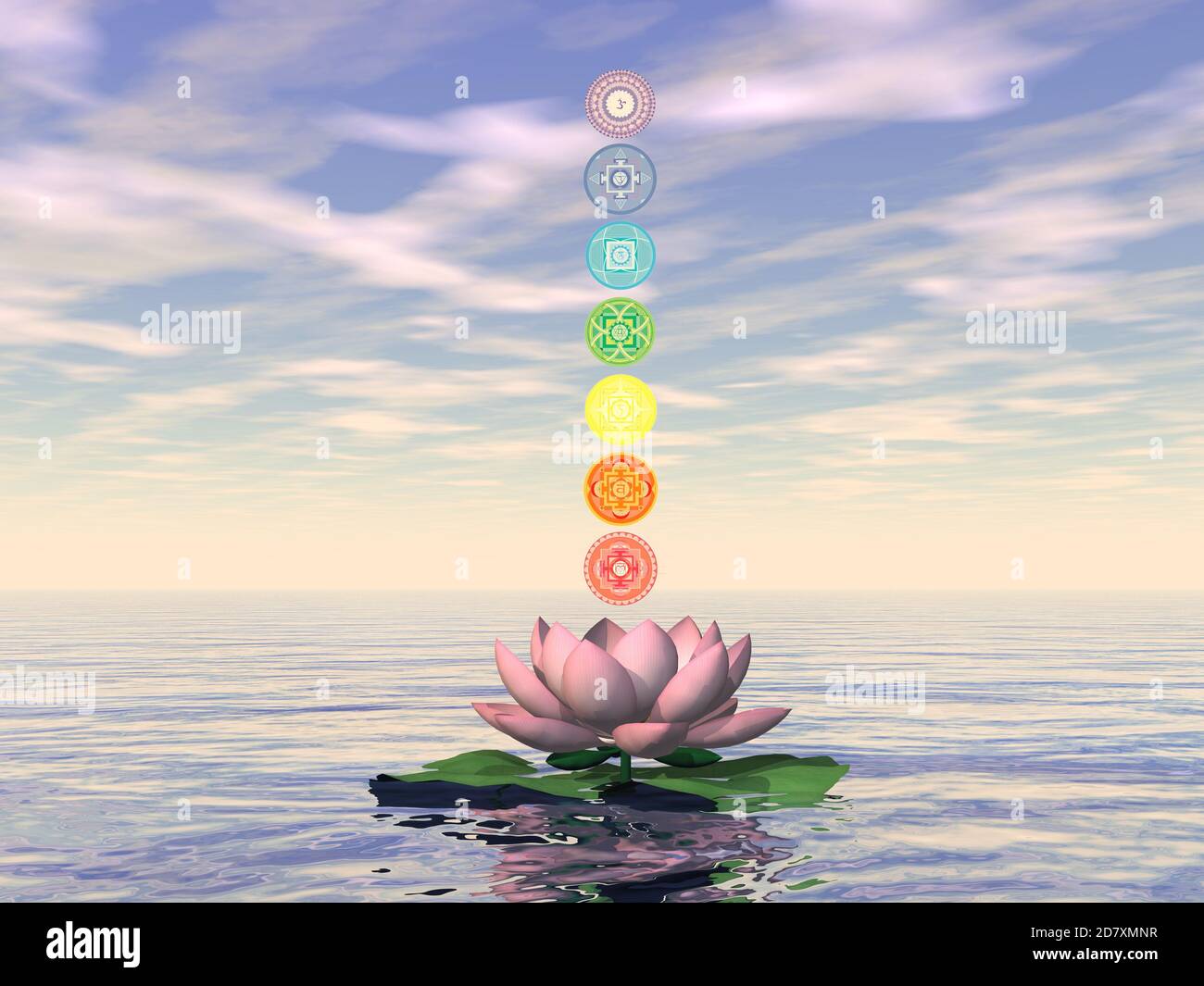 Seven chakra symbols column upon lotus flower - 3D render Stock Photo ...