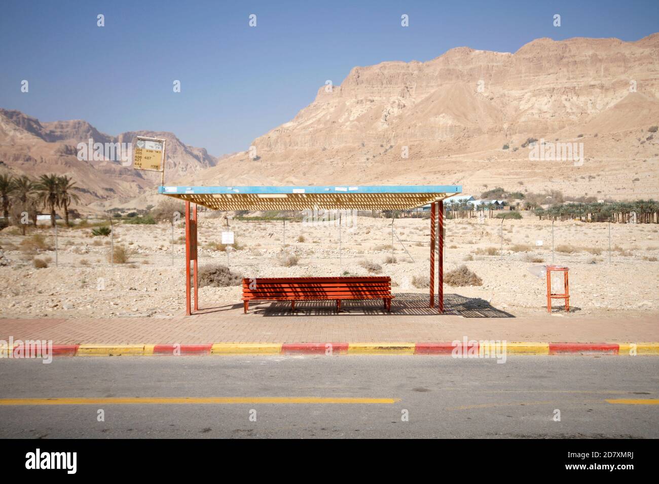 Abandoned bus stop in the desert by the dead sea on the road to En Gedi ...