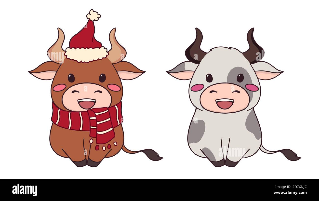 Set of two happy little cow wearing Christmas hat and scarf. Hand drawn ...