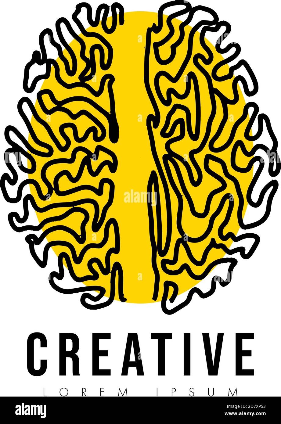 Creative line brain vector icon illustration with yellow circle ...