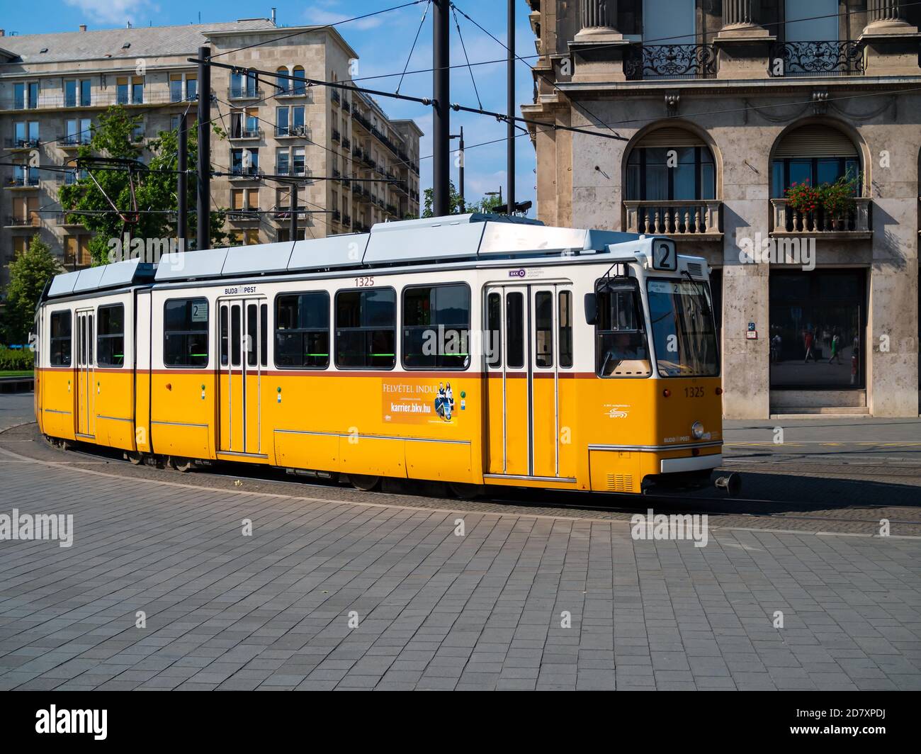 BUDAPEST, HUNGARY - JULY 16, 2019: Yellow tram on Route 2 in the city ...