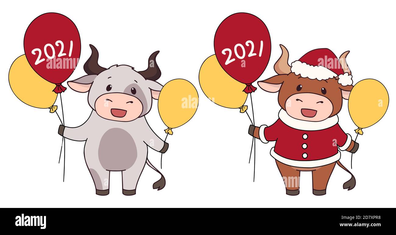 Set of two cartoon cow wearing Christmas costume and holding balloons ...