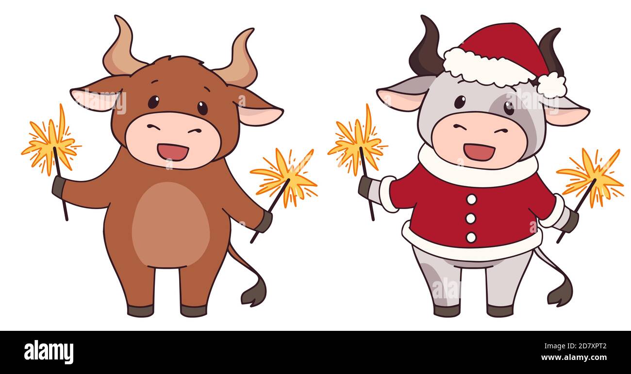 Set of two cartoon cow wearing Christmas costume and holding sparkles ...