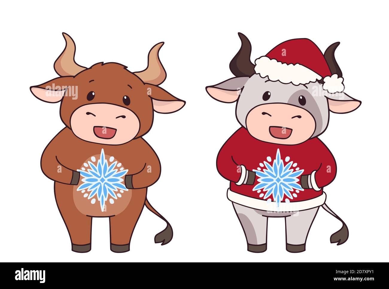 Set of two cartoon cow wearing Christmas costume and holding snowflake ...