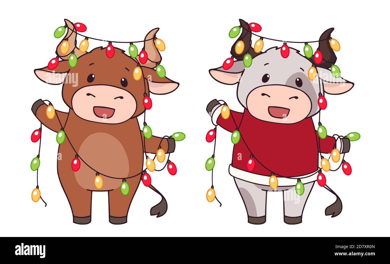 Set of two cartoon cow wearing Christmas costume and holding garland ...