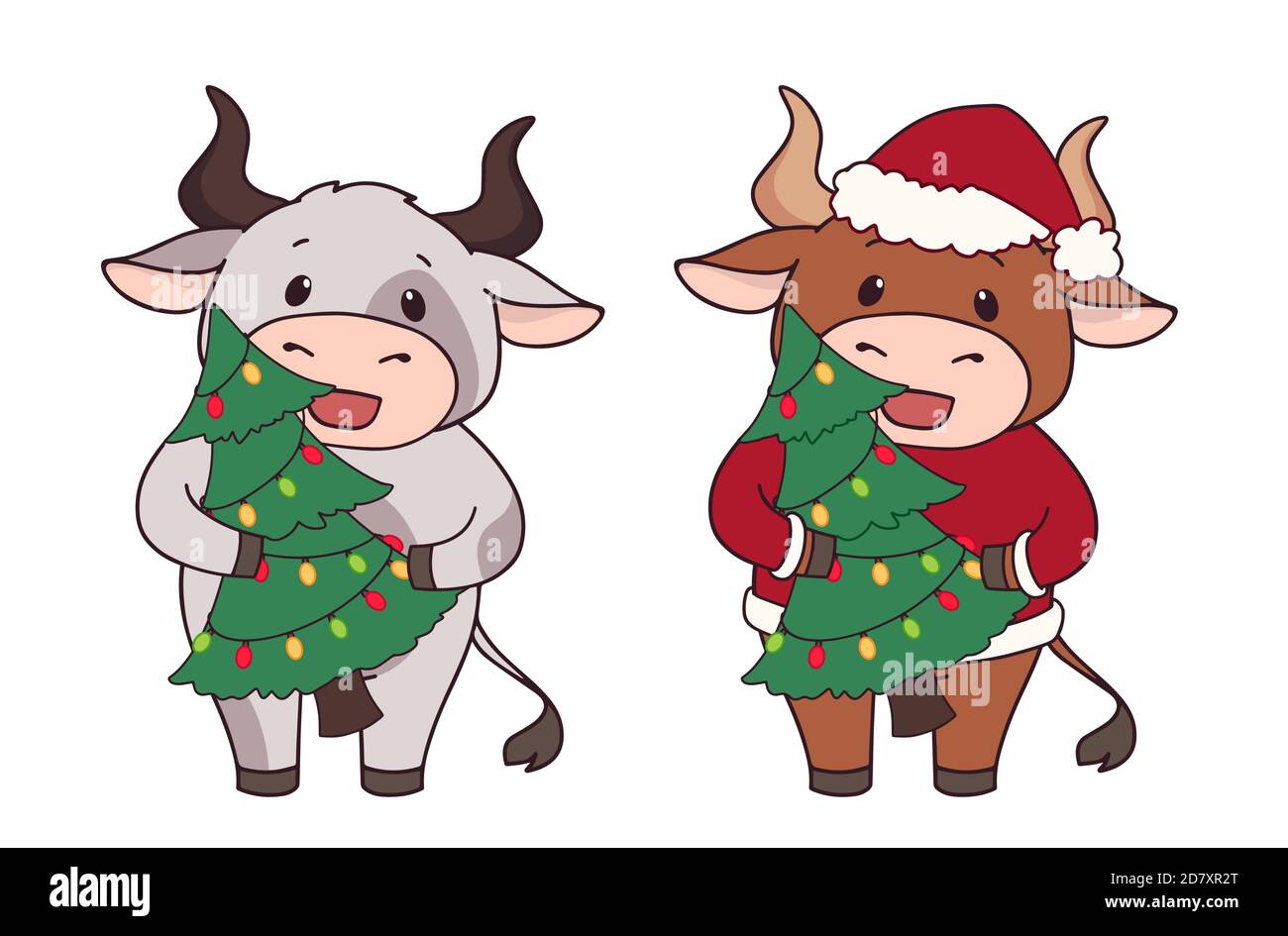 Set of two cartoon cow wearing Christmas costume and holding tree. Hand ...
