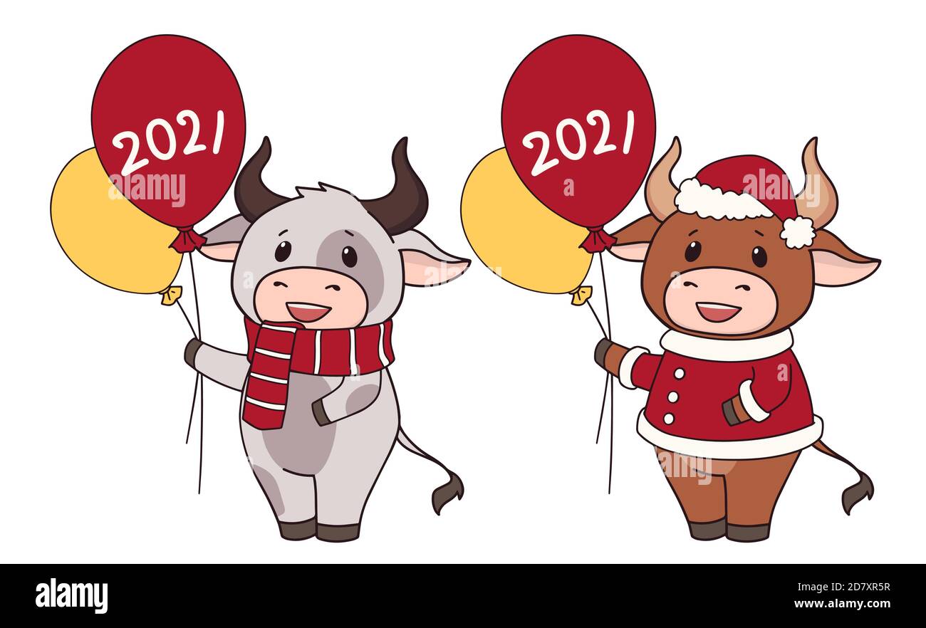 Set of two cartoon cow wearing Christmas costume and holding balloons ...