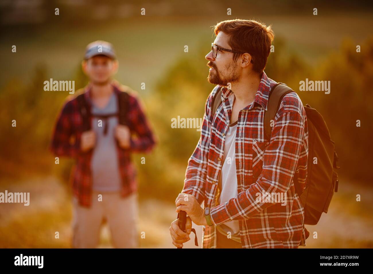 two men hikers enjoy a walk in nature, sunset time in summer. enjoying ...
