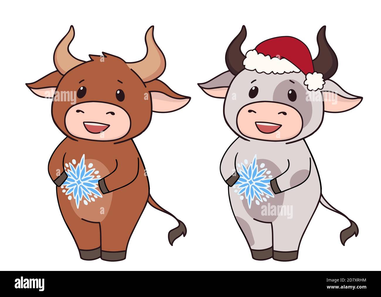 Set of two cartoon cow wearing Christmas costume and holding snowflake ...