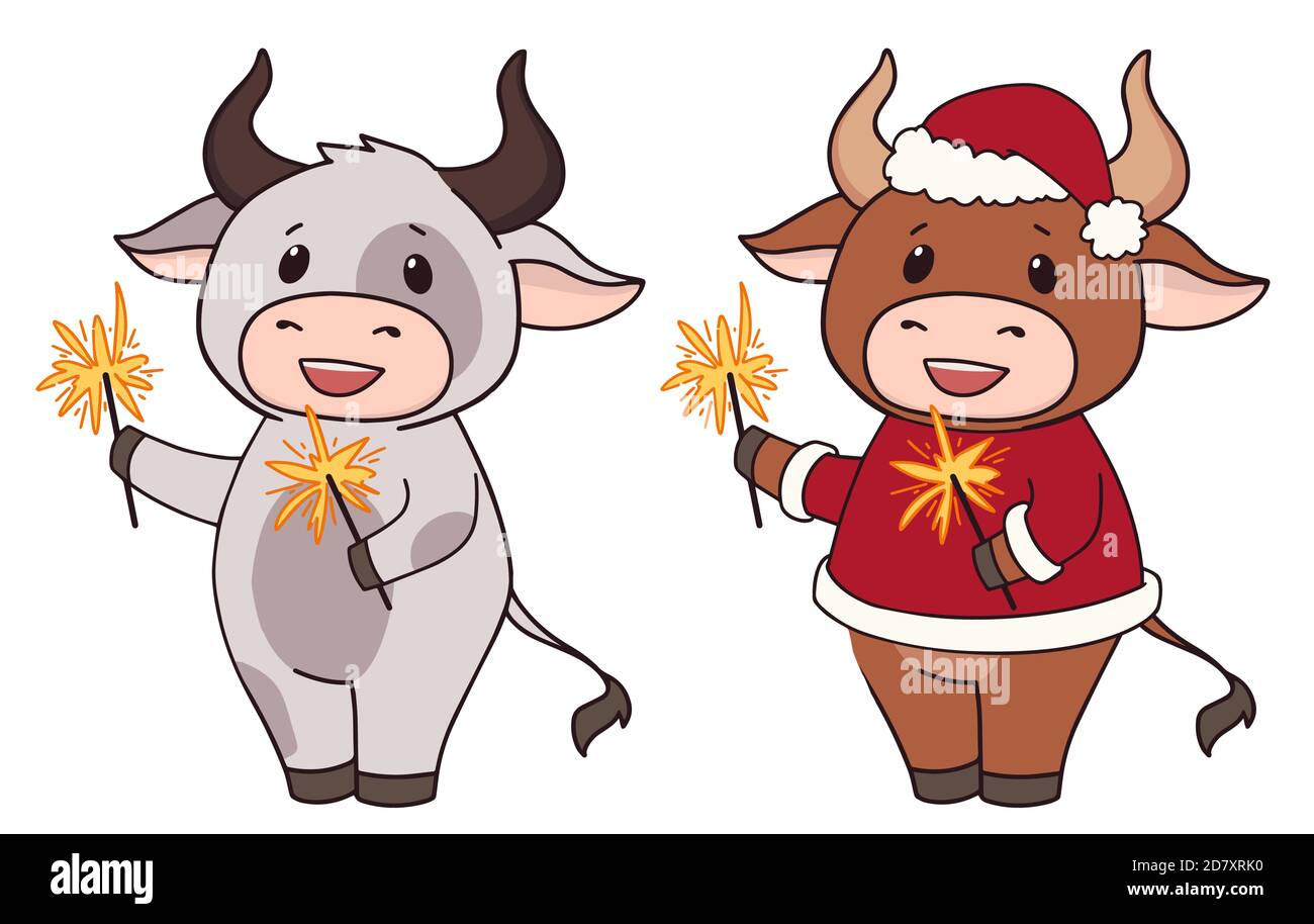 Set of two cartoon cow wearing Christmas costume and holding sparkles ...
