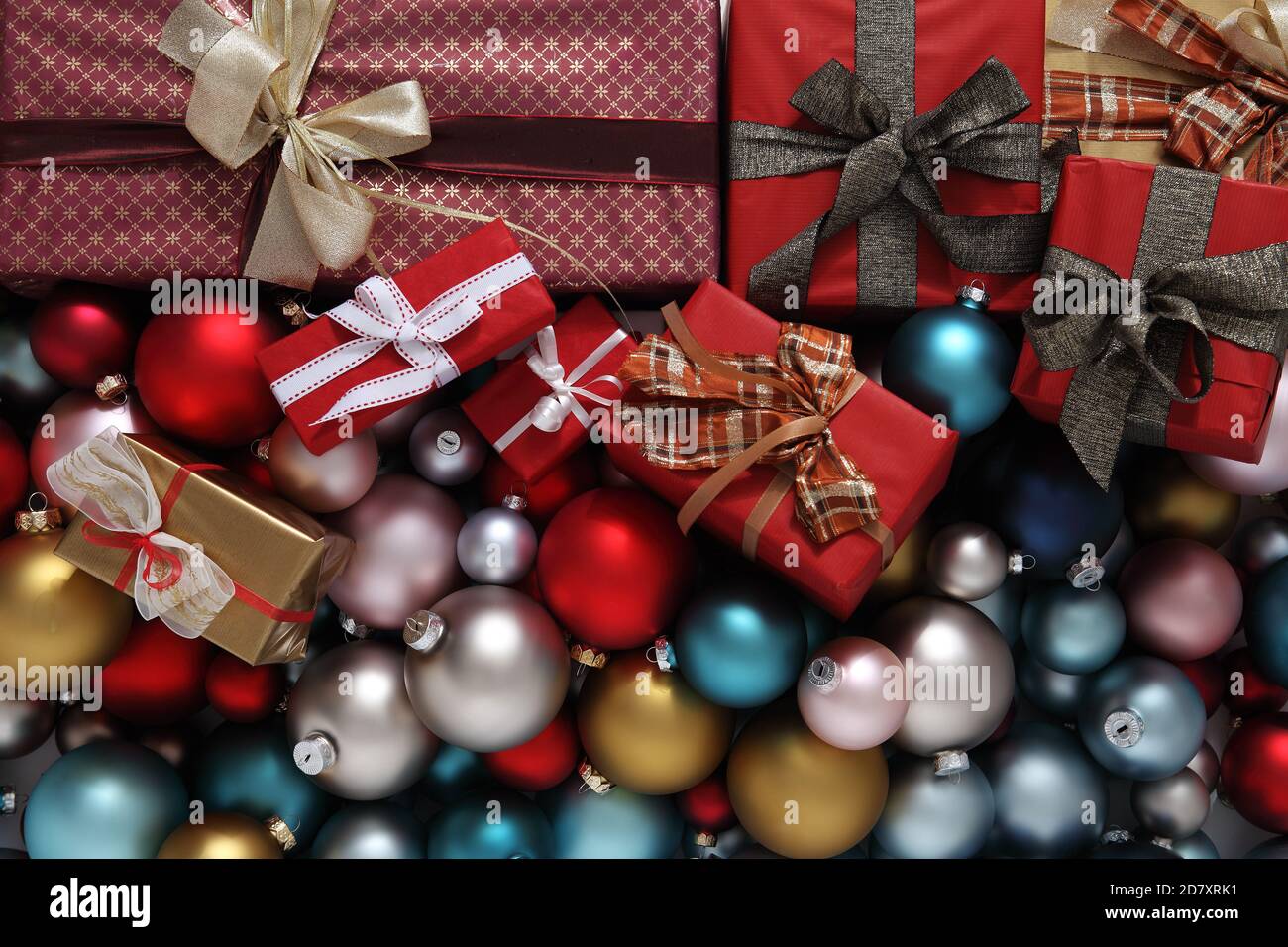merry christmas, top view of wrapped gift present packages and colored ...